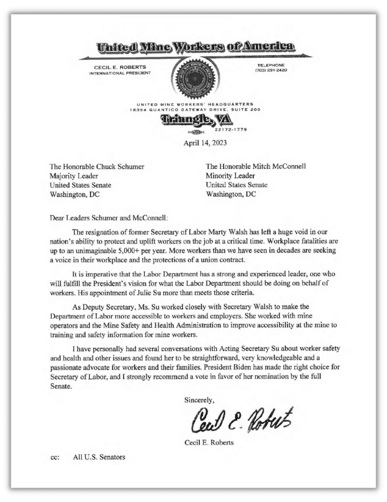 UMWA Letter of Support for Acting Secretary Su as Secretary of Labor ...